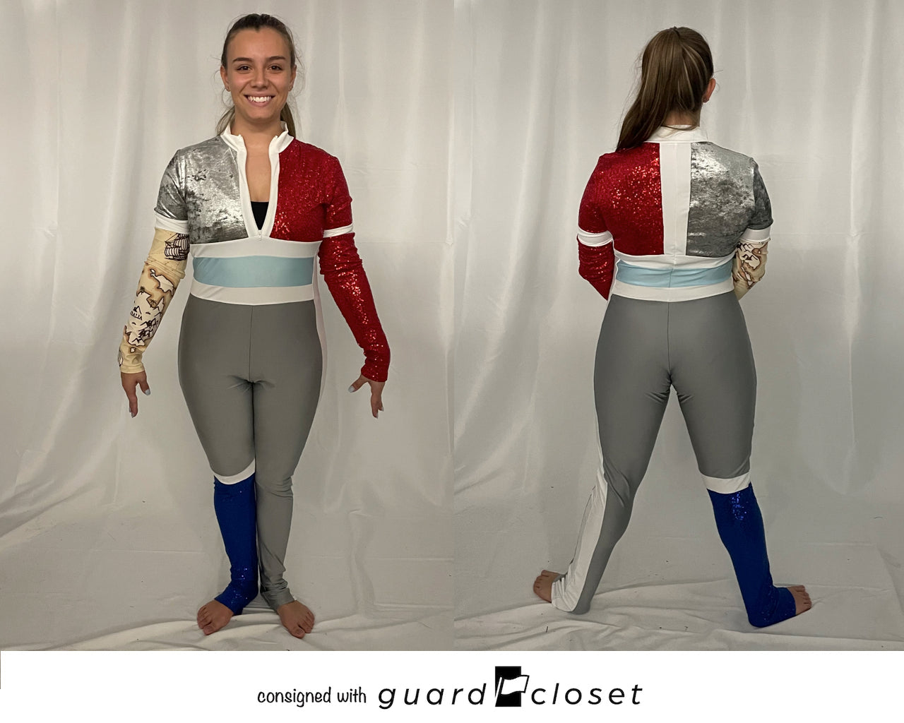 7 grey/red/blue/white/tan map unitards - guardcloset